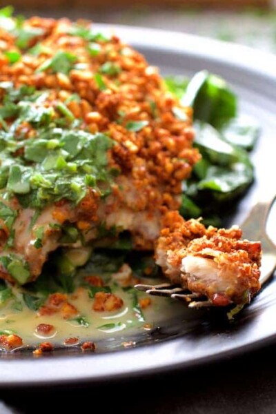 Baked Catfish Pecan Meuniere Recipe with Spicy Sauteed Greens