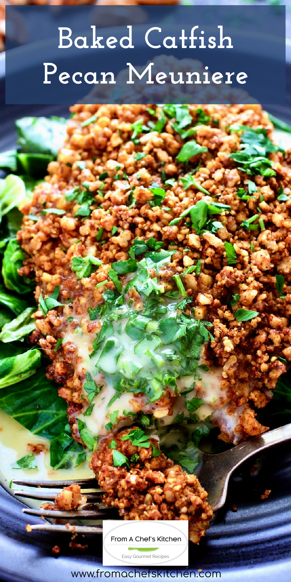 Baked Catfish Pecan Meuniere Recipe with Spicy Sauteed Greens