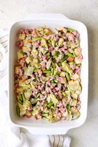 Breakfast Strata Recipe with Asparagus Artichokes Ham & Gruyere