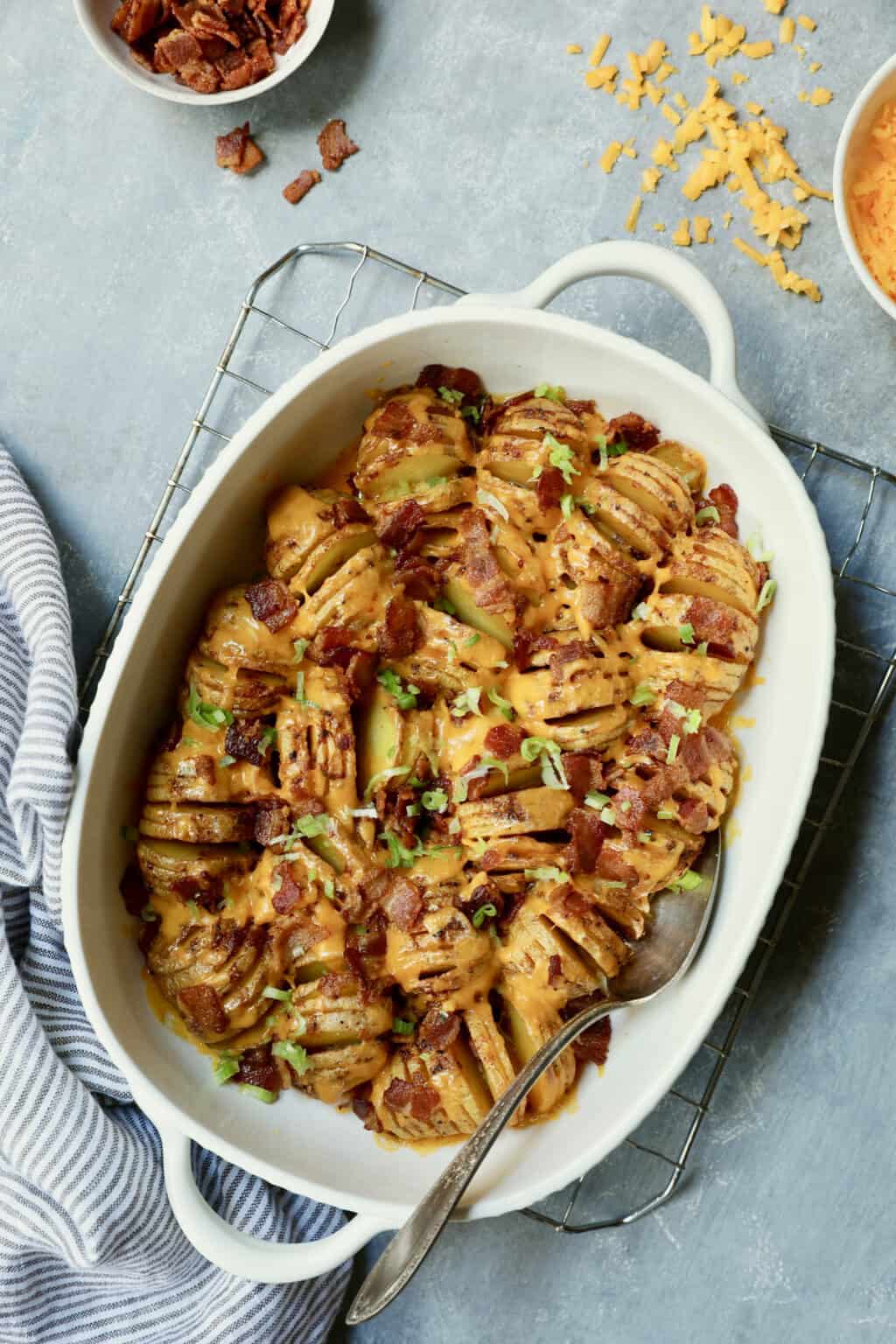 EASY Baby Hasselback Potato Bake with Cheddar and Bacon