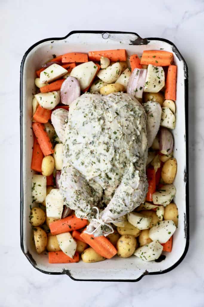 Garlic Herb Butter Roast Chicken Recipe with Root Vegetables