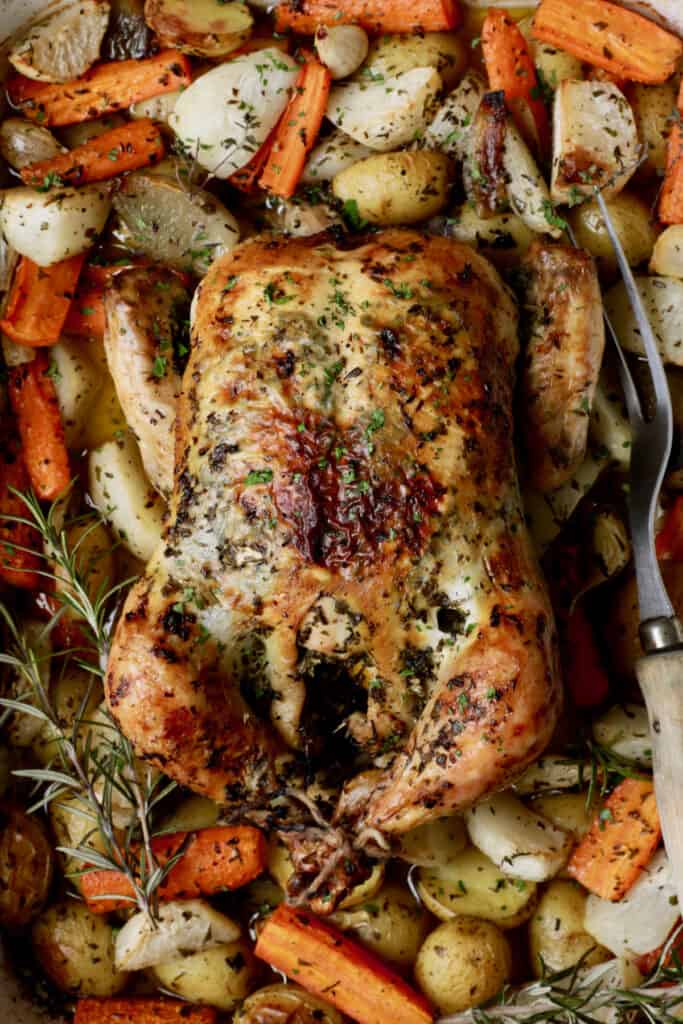 Garlic Herb Butter Roast Chicken Recipe with Root Vegetables