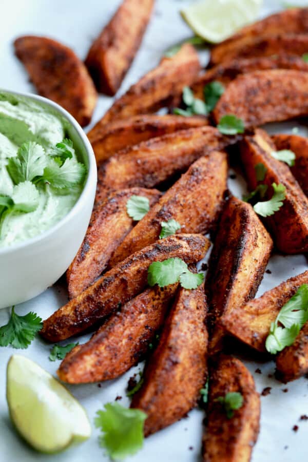Mexican Sweet Potato Wedges with Avocado Cilantro Sour Cream