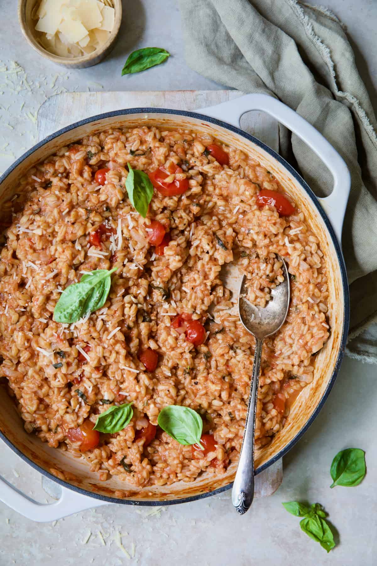 Tomato Farro Risotto Recipe with Basil and Parmesan
