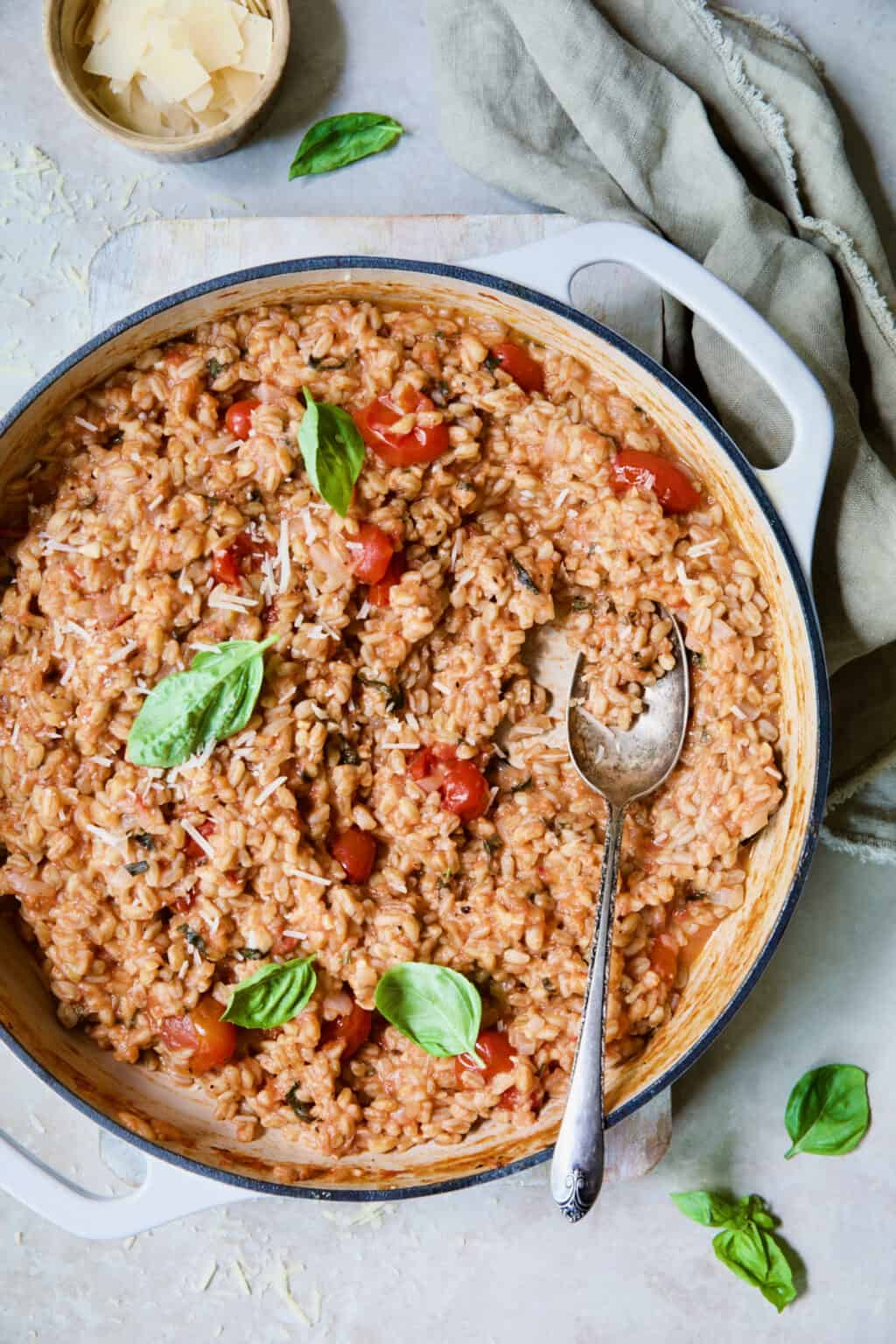 Tomato Farro Risotto Recipe with Basil and Parmesan