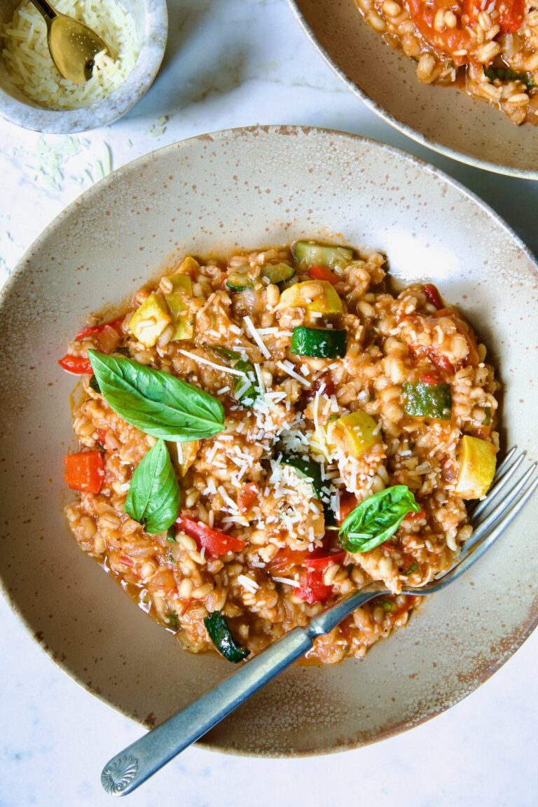 Barley Vegetable Risotto with Late Summer Vegetables
