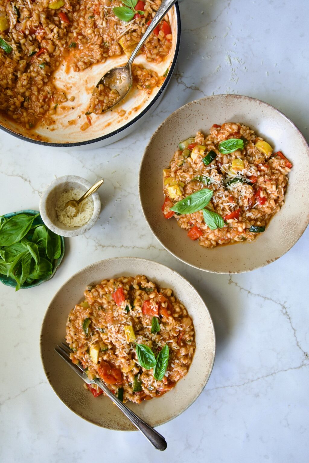 Barley Vegetable Risotto with Late Summer Vegetables