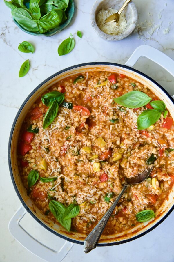 Barley Vegetable Risotto with Late Summer Vegetables