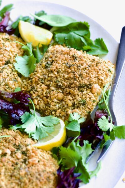 Crispy Chickpea Topped Fish with Jalapeno Tartar Sauce