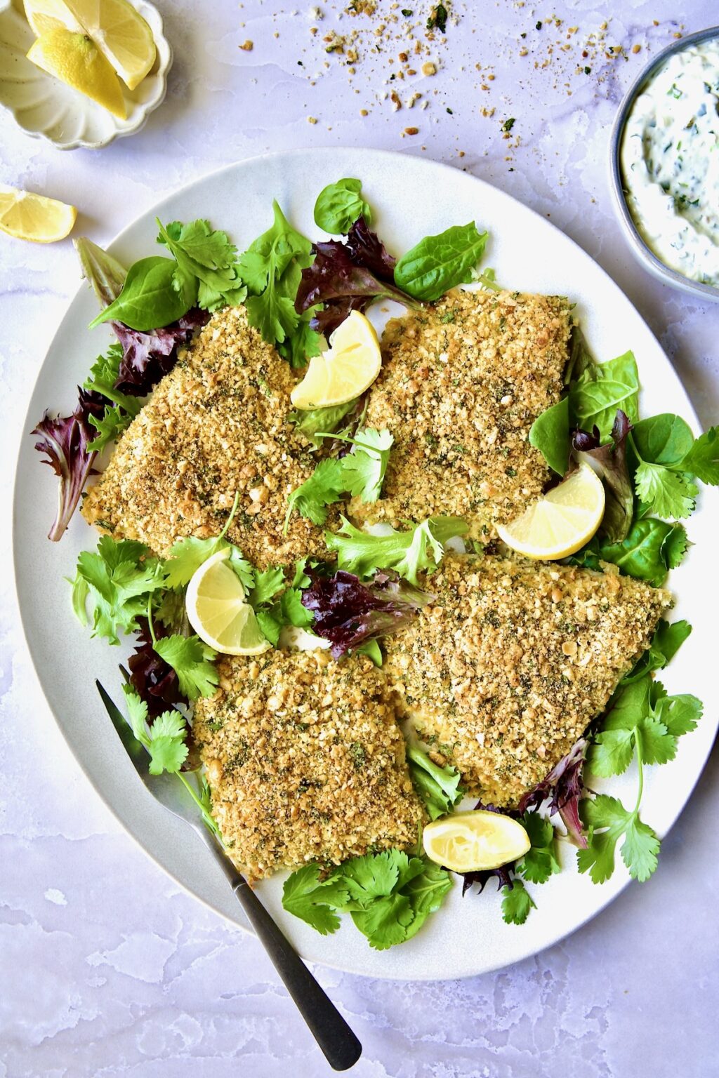 Crispy Chickpea Topped Fish with Jalapeno Tartar Sauce